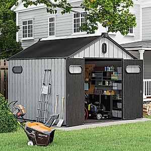 Jolydale 10'x8' Resin Outdoor Storage Shed - Secure Bike, Tool, & Garbage Can Storage with Lockable Door for Backyard, Lawn, & Patio Use