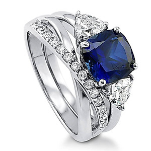 BERRICLE Sterling Silver 3-Stone Wedding Engagement Rings Simulated Blue Sapphire Cushion Cut Cubic Zirconia CZ Criss Cross Ring Set for Women, Rhodium Plated Size 9.5