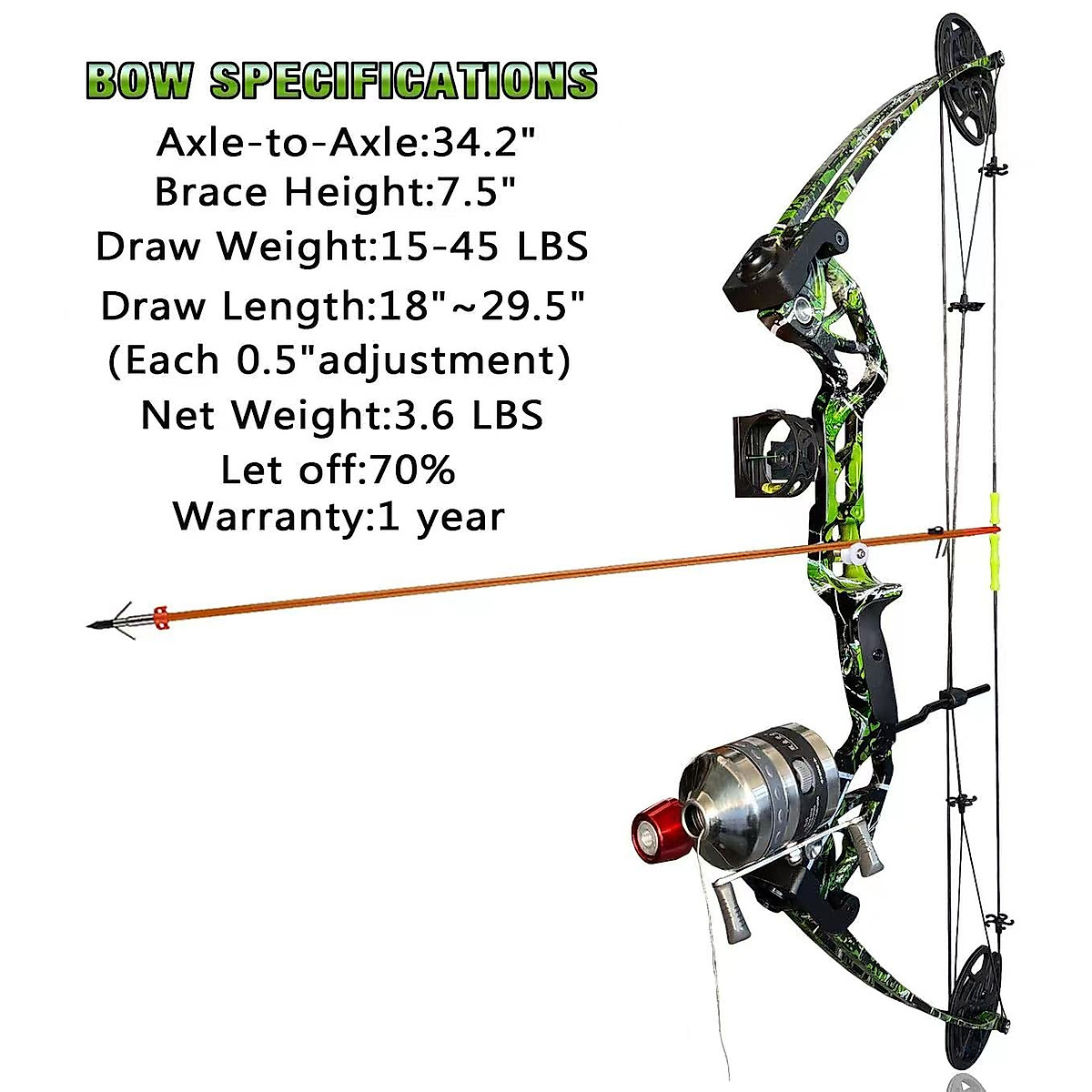 PANDARUS Bowfishing Bow Kit with Arrow Ready to Shoot Right Handed 15-45 LBS Draw Length 18"-29.5" Adjustable,Axle-to-Axle: 34.2",Complete Compound Bow Fishing Kit 2024 New（Black Left Handed）