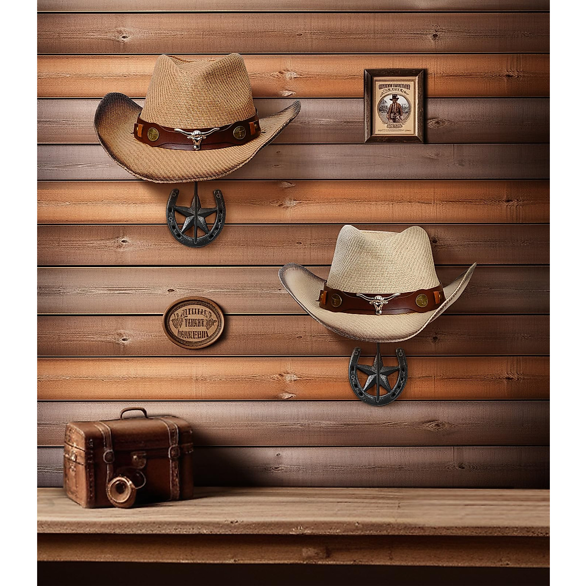 Cowboy Hat Holder 2 Pack Cast Iron Cowboy Hat Rack for Wall Horseshoe Cowboy Hat Hook Rustic Metal Western Decor for Home Bedroom Living Room Entryway Cowboy Hat Storage Men's