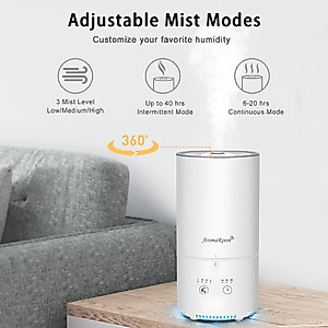 Top Fill Cool Mist Humidifiers for Bedroom & Essential Oil Diffuser,1.2L Small and Whisper Ultrasonic Humidifier for Home, Baby, Large Room with Auto Shut Off(White,7Color Light)