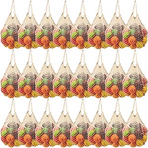 Woanger 24 Pcs Reusable Cotton Mesh Produce Shopping Bags Washable Grocery Bag Net Portable Fruit and Vegetable Bag Cotton String Bags Long Handle Net Tote Organizer (Short Handle)