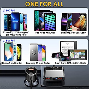 Multi 5 Ports USB C Car Charger, 74W QC3.0 & PD3.0 Type C Cigarette Lighter Adapter Front and Back Seats Fast Charger with 5FT Cable for Samsung Galaxy S21/20, iPhone, Google Pixel, iPad Pro and More