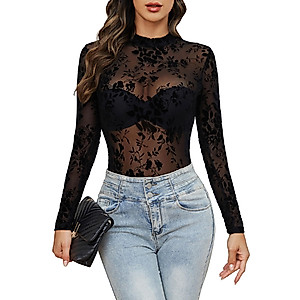 GAMISS Mesh Tops for Women Sheer Long Sleeve Mesh Tops Mock Neck Sexy Tops Black Floral L
