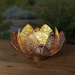 ART & ARTIFACT Lotus Solar Light Crackle Glass with Pierced Metal Base, Indoor Outdoor Accent Light Night Light Lantern, 5" x 10"