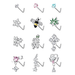 Drperfect 12Pcs 20G Nose Rings Studs L Shaped Dangle Nose Rings for Women Stainless Steel CZ Heart Snake Flower Butterfly Assorted Nose Nostrial Piercing Jewelry