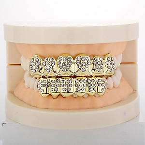 JINAO Gold Grillz 14K Gold Plated Iced Out Mouth Teeth Grillz Top Bottom Tooth Caps Hip Hop Bling Gold shiny Grills for Your Teeth for Men Women Costume Jewelry (Love Heart)