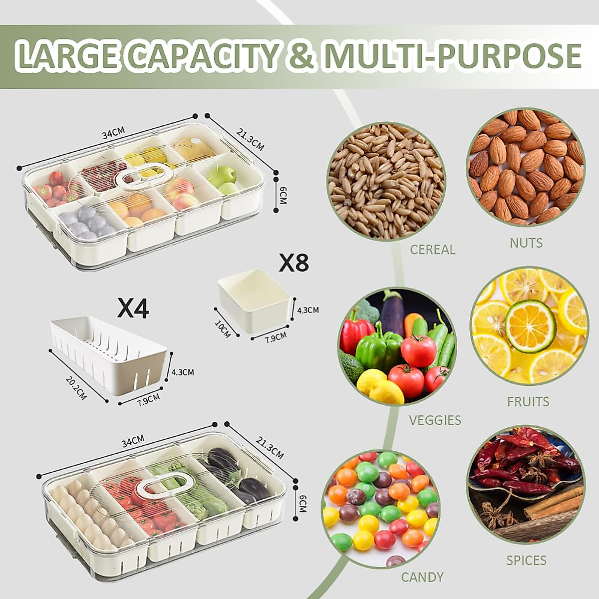 TUZZAN Plastic Bento Snack Box Container with Compartment, Stackable Fridge Container with Lids and Divided Serving Tray, Storage for Food, Vegetables, Transparent, TFSC003