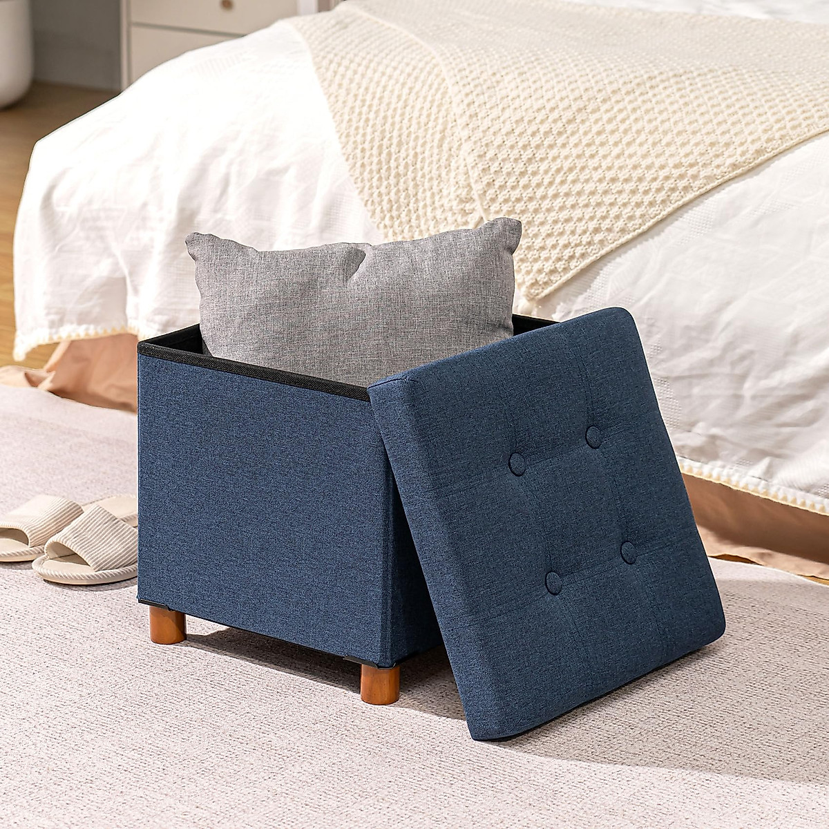 B FSOBEIIALEO Storage Ottoman with Tray, Foot Stools and Ottomans with Legs, Storage Cube Seat Linen Blue 15"