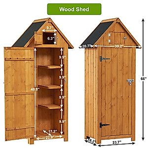 GarveeLife Outdoor Wood Storage Shed Cabinet, Wooden Garden Tool Sheds, Outside Vertical Organizer with Floor, Waterproof Roof, 3 Shelves, 4 Hooks and Lockable Door for Patio Hallway Backyard, Natural