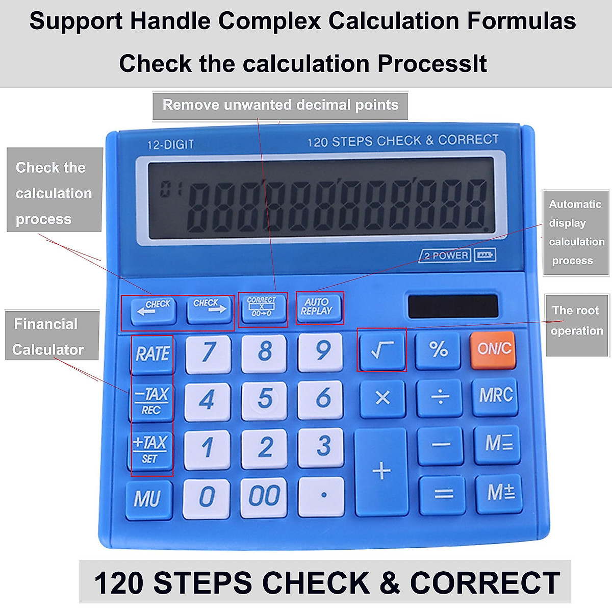 Office Desk Calculator 12 Digits with Solar Power and Easy to Read HD LCD Display, Big Buttons, for Financial Affairs,Home, Office, School, Class and Business,with Battery,Blue