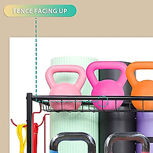 FLIORS Black 4-Tier Storage Shelving Unit with Whelss, Home Gym Storage Rack, Home Gym Workout Equipment Storage Rack, Workout Storage with Wheels and Hooks, Heavy Duty Storage Shelving