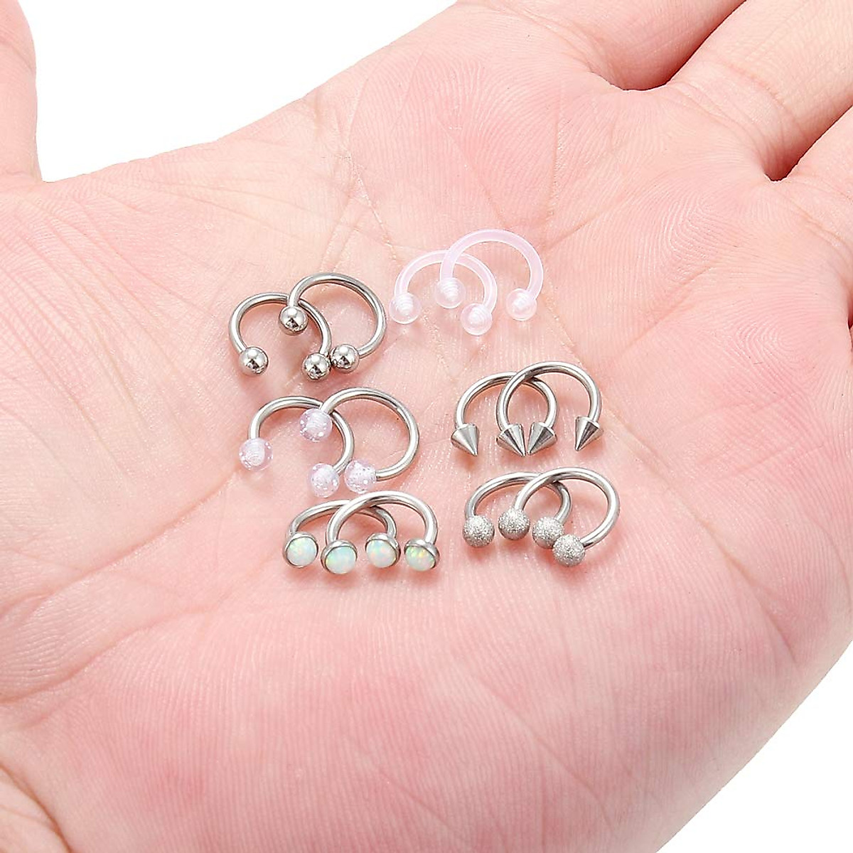 SCERRING 6 Pairs 16G Stainless Steel Horseshoe Septum Ring Nose Rings Hoop Helix Daith Cartilage Tragus Earrings Lip Body Piercing Jewelry Opal 8mm Silver