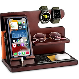 OUTXE Wood Phone Docking Station, Men Gifts Nightstand Organizer for Phone, Keys, Wallet, Glasses, Gifts for Dad's Birthday, Father's Day, Anniversary
