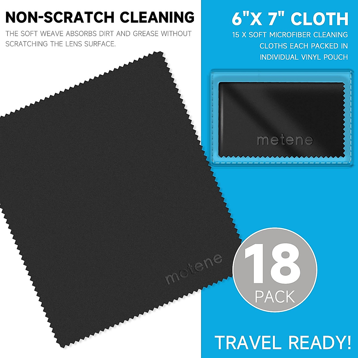 Metene 18 Pack Microfiber Cleaning Cloths (6"x7") in Individual Vinyl Pouches | Glasses Cleaning Cloth for Eyeglasses, Phone, Screens, Camera Lens and Other Delicate Surfaces Cleaner (Multi-Colored)