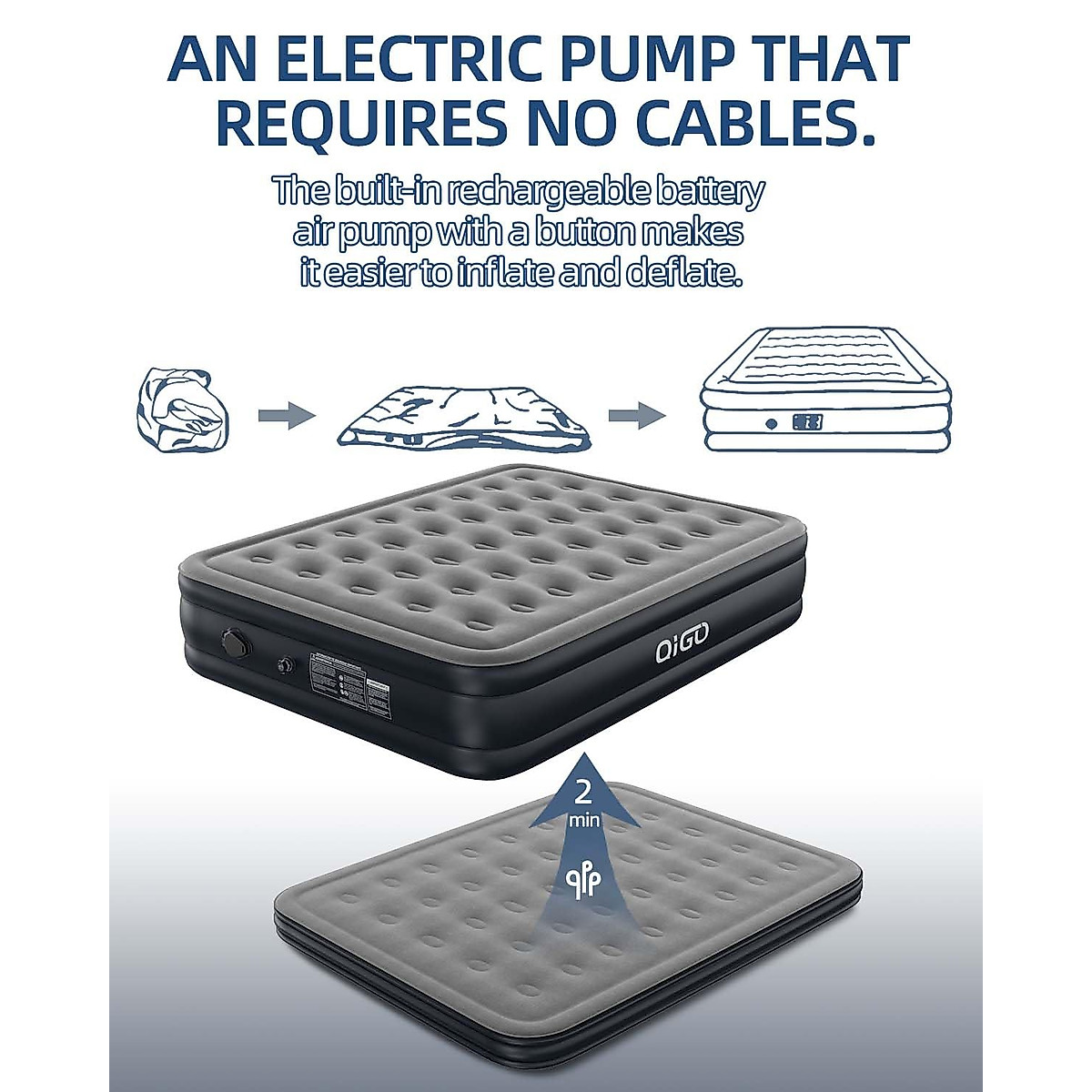 QIGO Air Mattress Queen Size with Chargeable Battery Built in Pump, Blow up Mattress for Camping, Home and Guests, Quick Self Inflating Air Bed, Colchon Inflable - Portable, Comfortable and Durable