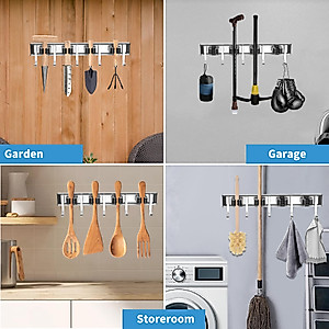GARLWOLEX Broom Holder Wall Mount,Broom Holder for Garage Organization, Garden Tool Organizer 4 Racks with 5 Hooks, Broom Rack for Rakes, Shovels with Screws