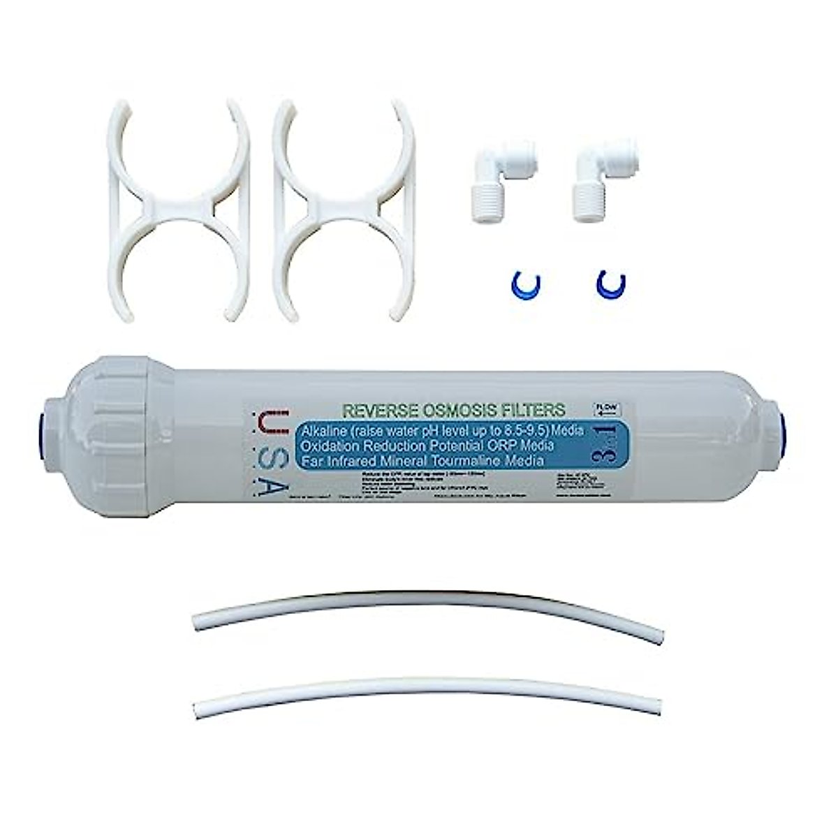 3 in 1: Alkaline (raise pH level), ORP and Tourmaline in-line filter, 2"x10" with clips and elbow fitting