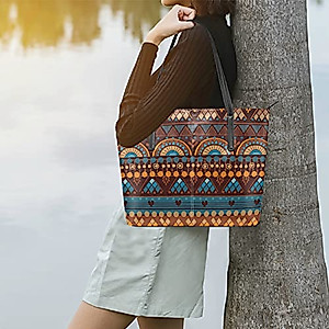 Leather Tote Bag for Women with Zipper Handbags Shoulder Bag African Print Geometric Ethnic Brown Pockets Work Travel Small Office Business