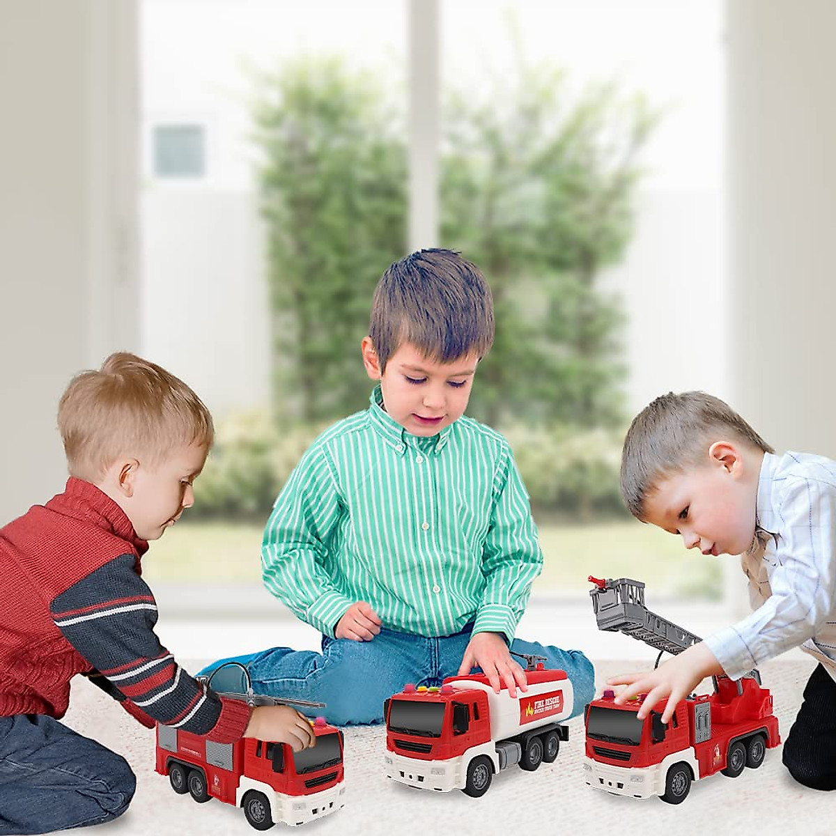 ArtCreativity Light Up Fire Trucks for Kids, Set of 3, Includes Ladder Truck, Tanker Truck, & Engine Truck, Fire Trucks with Real Water Spraying, LEDs, & Sound, Push n Go Fire Trucks for Boys & Girls