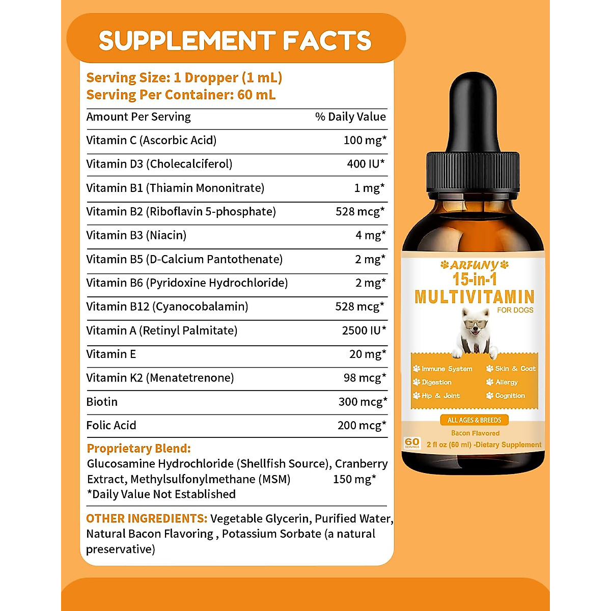 15 in 1 Multivitamin for Dogs | 60ML Dog Multivitamin Liquid Support Joint, Gut & Immune Health | Dog Liquid Vitamins for Digestion, Heart, Skin & Coat | Vitamin Supplements for Dogs | Bacon Flavor