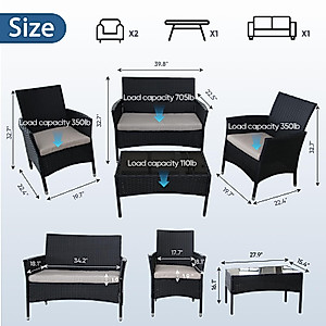 XZHQHB Patio Furniture Set of 4 Wicker Conversation Set with Soft Cushion Sofa Set Porch Outdoor PE Rattan Garden Chairs Sets with Tempered Glass Top Coffee Table, Black and Beige