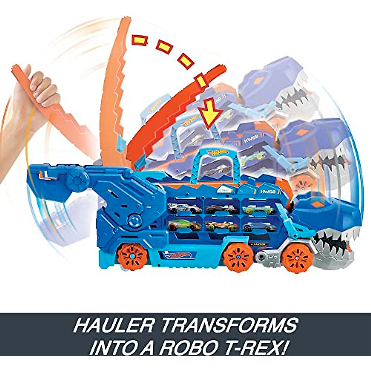 Hot Wheels City Ultimate Hauler, Transforms into Stomping T-Rex with Race Track, Lights and Sounds, Toy Storage for 20+ 1:64 Scale Cars