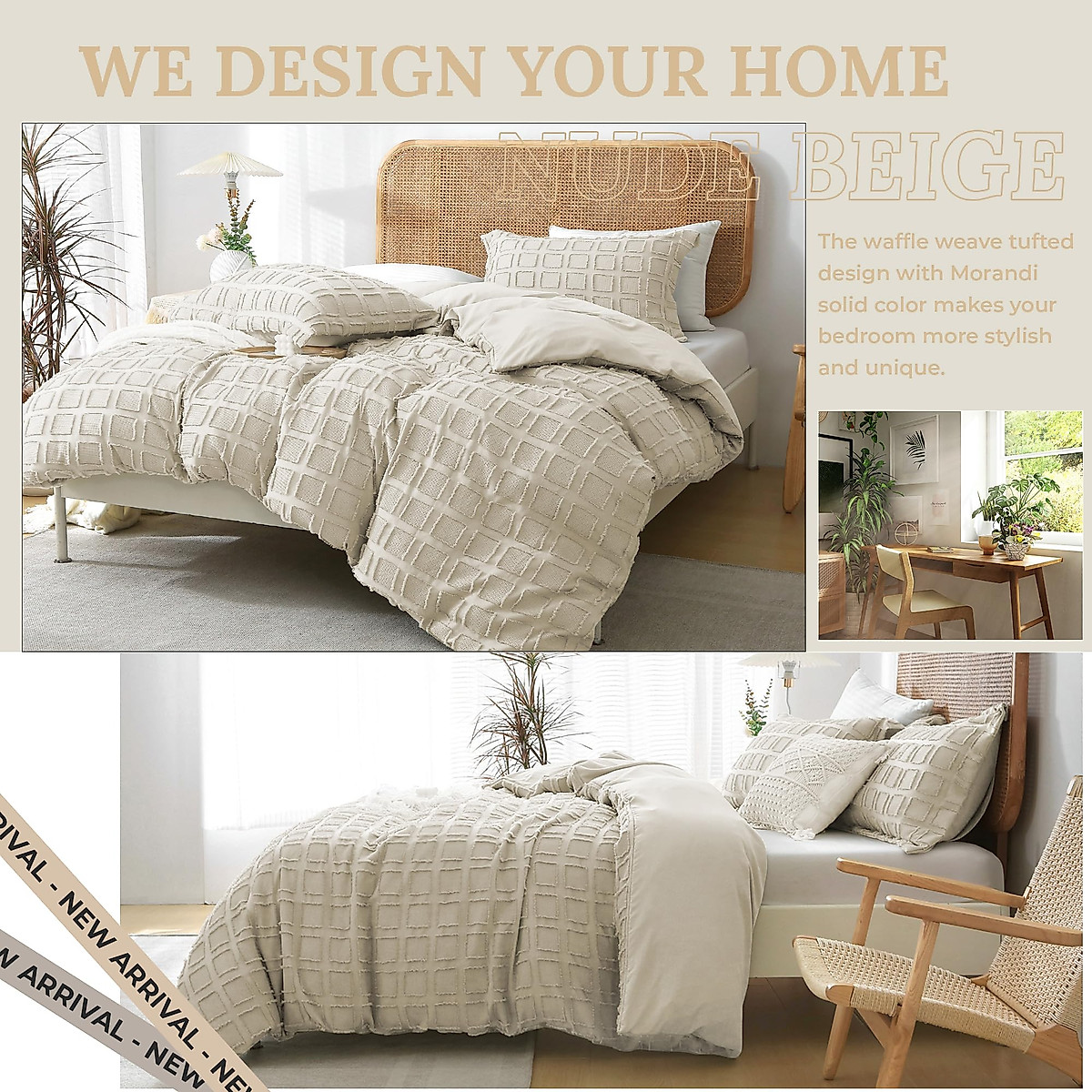 MILDLY Waffle Weave Duvet Cover Set Beige Tufted Duvet Cover 100% Washed Microfiber Soft & Breathable Textured Comforter Cover Set with Zipper Closure Corner Ties