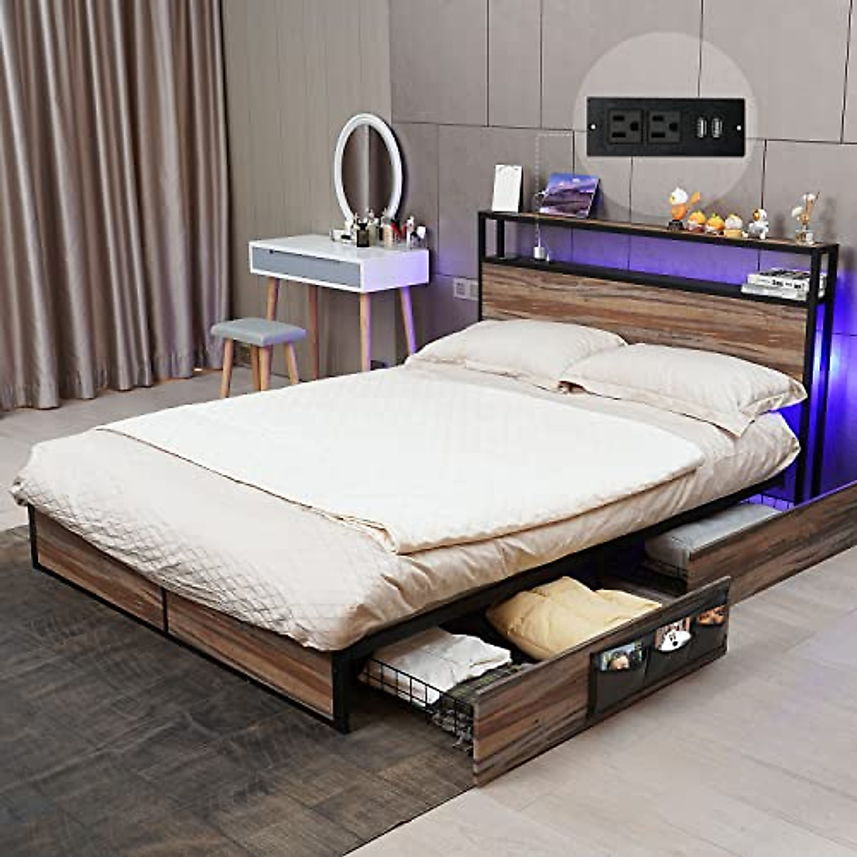 ARTETHYS Queen Led Bed Frame with 4 Storage Drawers, Wood Bed Frame with 2-Tires Storage Headboard and Charging Station, Metal Platform Bed with 2 Free Storage Bags, Noise-Free, No Box Spring Needed