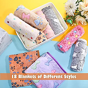 18 pcs Fleece Pet Blanket Soft Warm Sleep Mat Fluffy Cute Puppy Supplies Cute Paw Bone Star Elephant Dot Heart Print Design Dog Bed Blankets for Dog Cat Kitten Doggy and Animals, 15.75 x 23.6 Inch