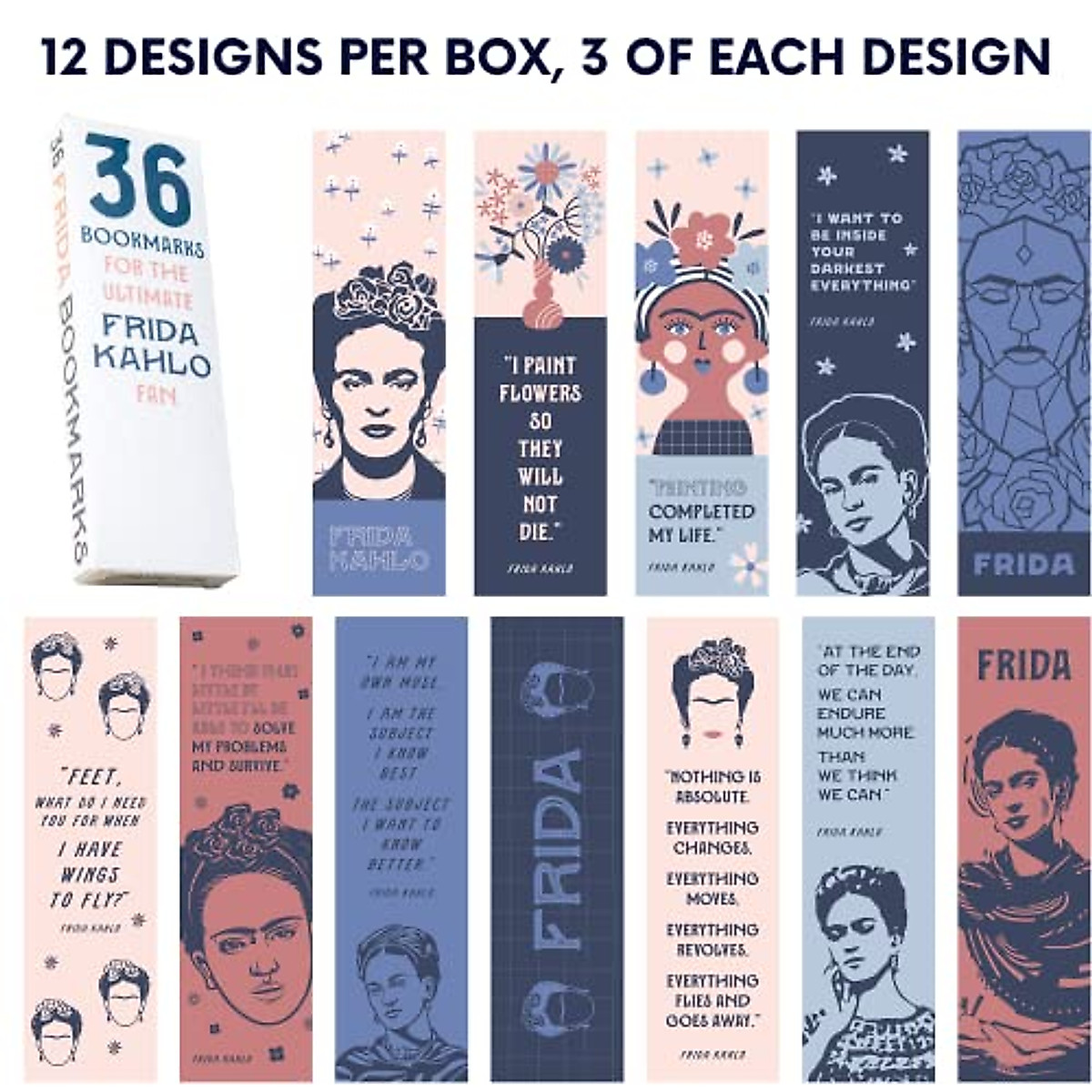 36-Pack of Frida Kahlo Paper Bookmarks. Perfect for Art Lovers, Feminists, and Culture Enthusiasts. These Colorful and Inspiring Bookmarks Feature Quotes by The Iconic Mexican Artist.
