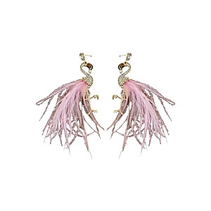 Pink Feather Flamingo Statement Dangle Drop Earrings 14K Gold Plated Cubic Zirconia Large Bird Boho Dangling Hook Earrings Hoops Stud Fashion Jewelry Gifts for Women Girls