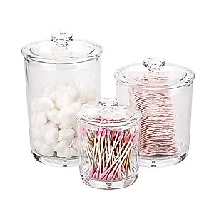 Hipiwe Clear Plastic Apothecary Jars with Lid, Large Size Bathroom Storage Canister Jar Cotton Ball and Swab Organizer Q-Tips Holder, 60-Ounce, 30-Ounce and 15-Ounce, Set of 3