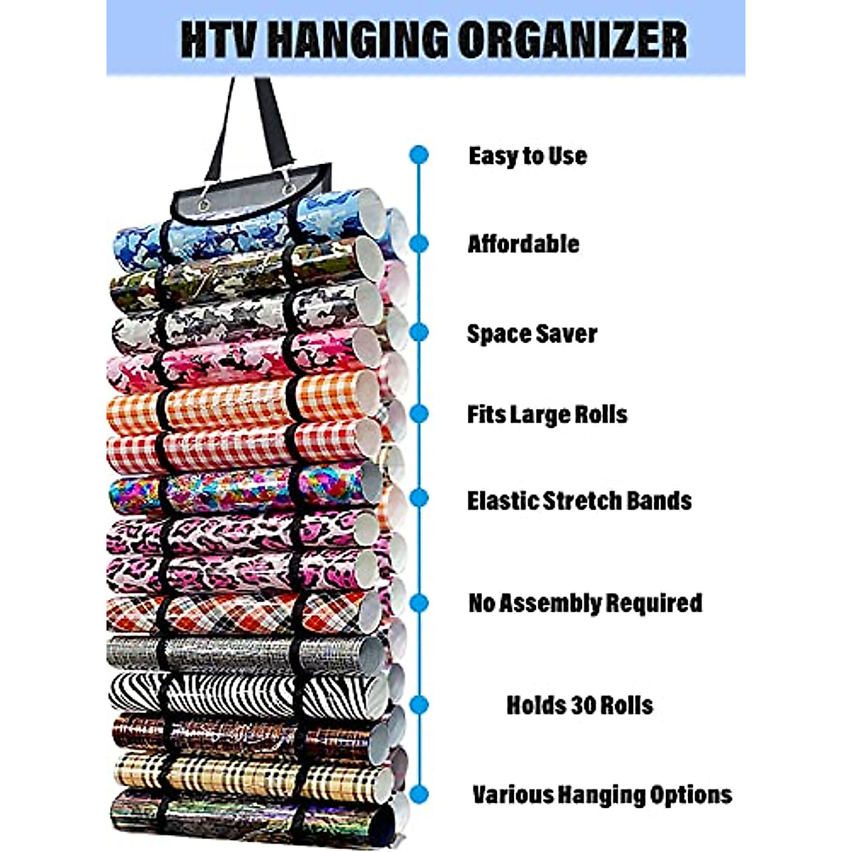 CLZYLRS Vinyl Roll Holder with 30 Compartments | Vinyl Roll Storage Rack Wall Mount/Over The Door | Vinyl Storage Rack | Hanging Organizer Storage, Gray