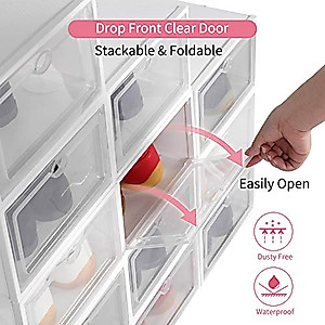IRONLAND Stackable Shoe Storage Box, Foldable Clear Plastic Shoe Organizer 12 Pack, Need to be Assembled (Clear)