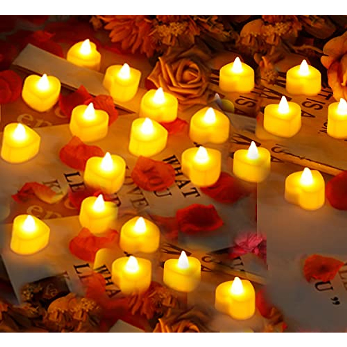 Proyatech LED Candles 24 Packs Flameless Tea Lights with 1000 Packs Artificial Rose Petals for Wedding Romantic Night Valentine's Day Decor（Warm