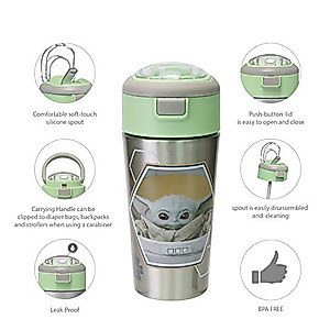 Zak Designs Star Wars The Mandalorian Durable Stainless Steel Straw Bottle with Push-Button Flip Lid Vacuum Insulation Keeps Drinks Cold, BPA Free, 1 Count (Pack of 1), The Child