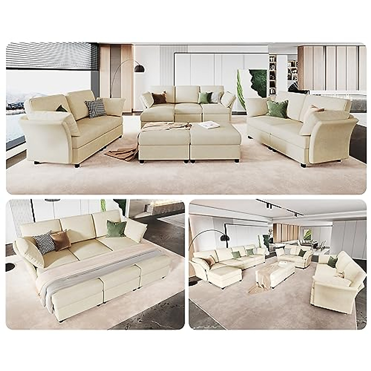 VanAcc Sectional Couch 7 Seats, Modular Sectional Sofa, Convertible Sofa in U Shape with Ottomans, Reversible Sofa Couch for Living Room, Beige Chenille