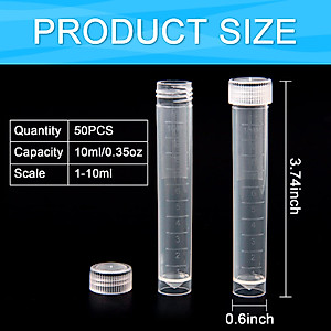 Qfeley 50 Pack 10ml Lab Plastic Frozen Test Tubes Cryogenic Vial with Screw Caps Self Standing Vial Seal Cap Container for Laboratory School