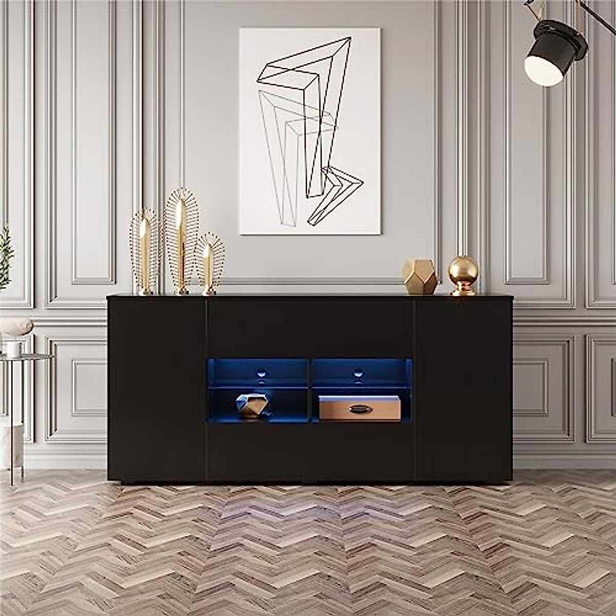 CEMKAR Modern Style Double-Door Side Cabinet with Adjustable Shelving and Full-Extension Drawers - Perfect for Living Room and Bedroom (Black)