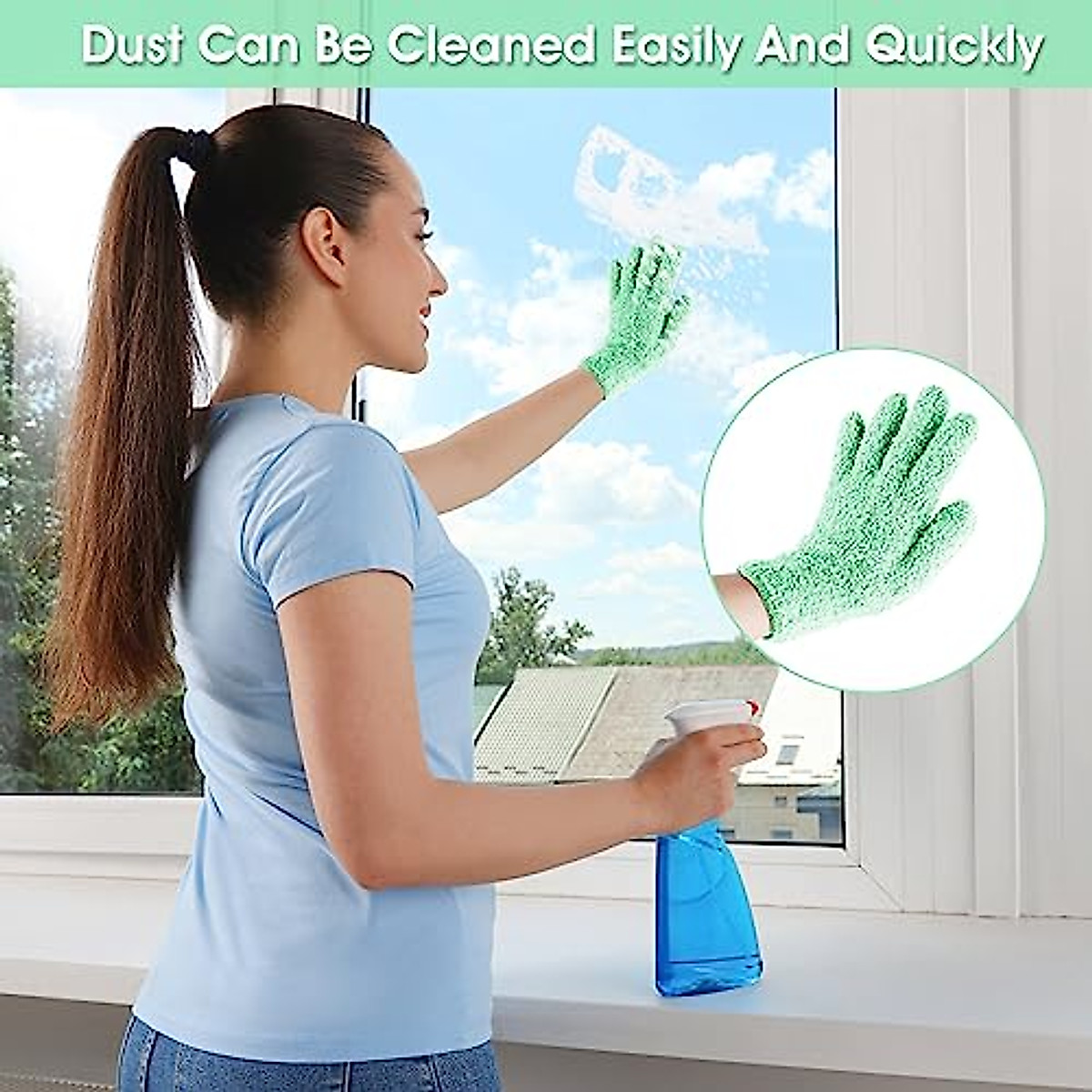 Sibba 2pcs Microfiber Dusting Mitt Gloves Auto Household Cleaning Mittens Cloth Reusable Washable Gloves for Men Women Kitchen House Blinds Plants Mirrors Lamps Car Cleaning (Cyan)