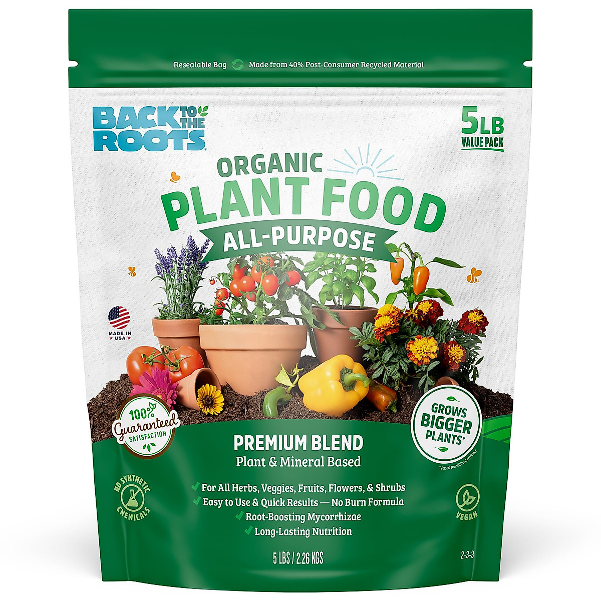 Back to the Roots Organic All-Purpose Plant Food (5 lb. Value Size), Premium Blend, Safe & Sustainable Vegan Formulation Made with Kelp and Alfaalfa Meal, Mycorrhize, and Rock Phosphate Minerals