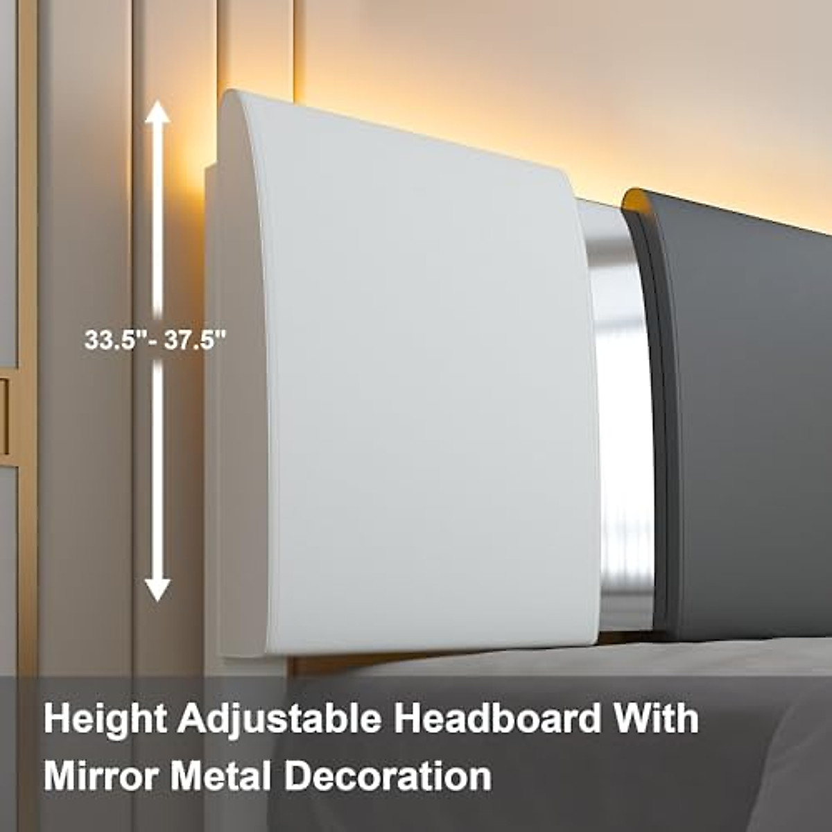 Kallabe Full Modern Faux Leather Upholstered Bed Frame with Adjustable Headboard, LED Lights，Low Profile Platform Bed with Iron Piece Decor，Wooden Slats Support, No Box Spring Needed, White & Black