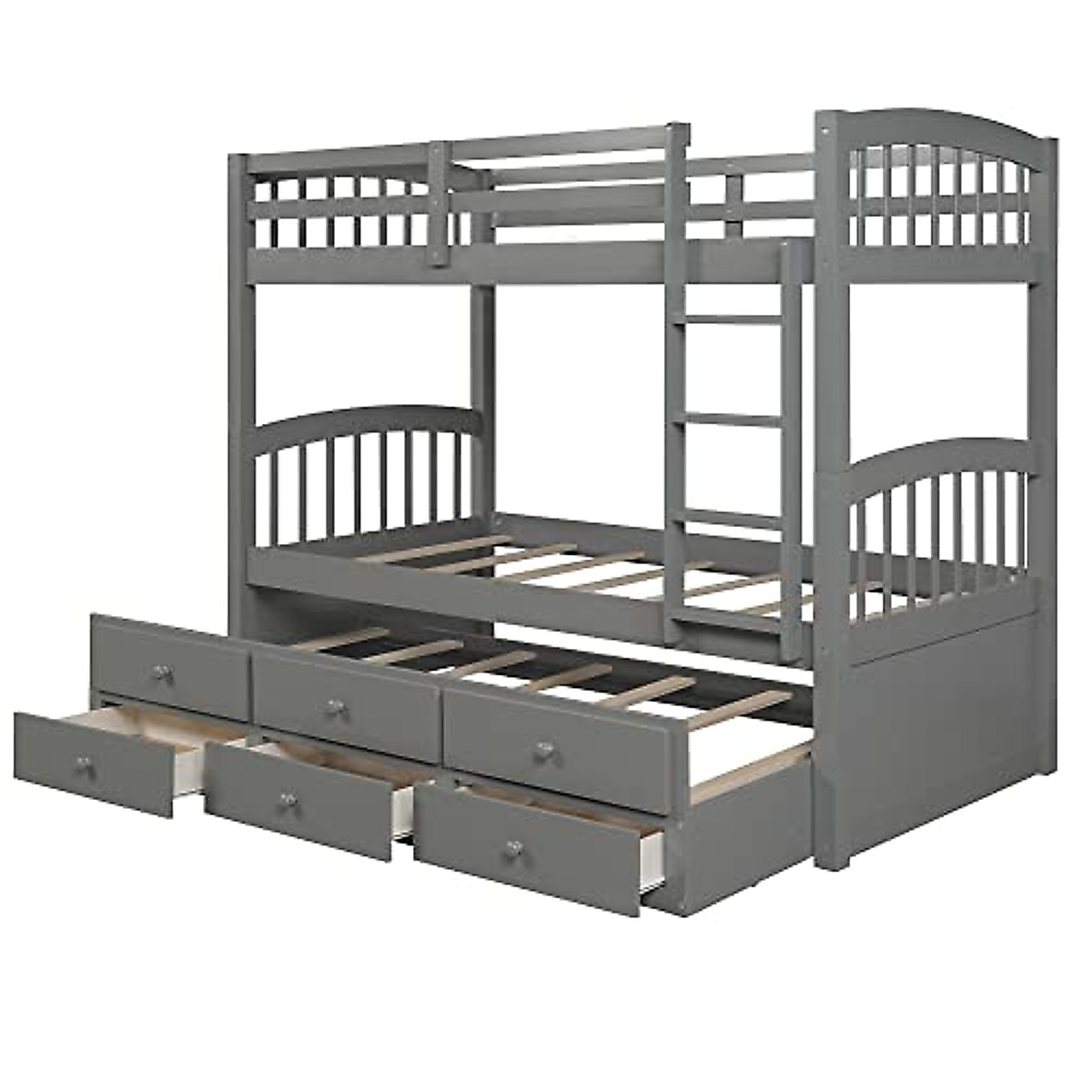 Harper & Bright Designs Twin Over Twin Bunk Bed with Trundle and Storage, Solid Wood Bunk Bed Frame with 3 Drawers for Kids, Teens, Adults (Gray)