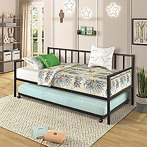 Metal Daybed with Trundle, Twin Size Day Bed Frame with Pullout Trundle, Heavy-Duty Daybed for Living Room Bedroom and Adults, Black