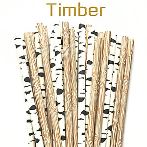 100 pcs Mixed Party Paper Straws Bulk, Cute Tree Wood Grain Black Birch Woodland Rustic Drinking Straws Bulk, Picnic Camp Safari Outdoor Birthday Baby Bridal Shower Wedding Cake Pop Sticks (Timber)