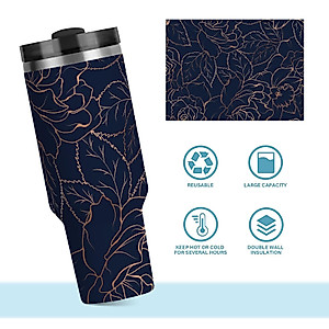 Yasala Car Tumbler with Handle Art Rose Flower Travel Mug Coffee Cup Insulated Beverage Container Mega Cup for Hot Cold Drinking Thermos Water Bottle Cupholder Friendly 40 oz