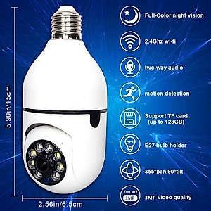 2 Pack 3MP Light Bulb Security Camera Wireless Outdoor, 360° Indoor WiFi Smart Light Socket Cameras for Home Security Cameras with Motion Detection and Alerts, 2-Way Audio, Compatible with Alexa