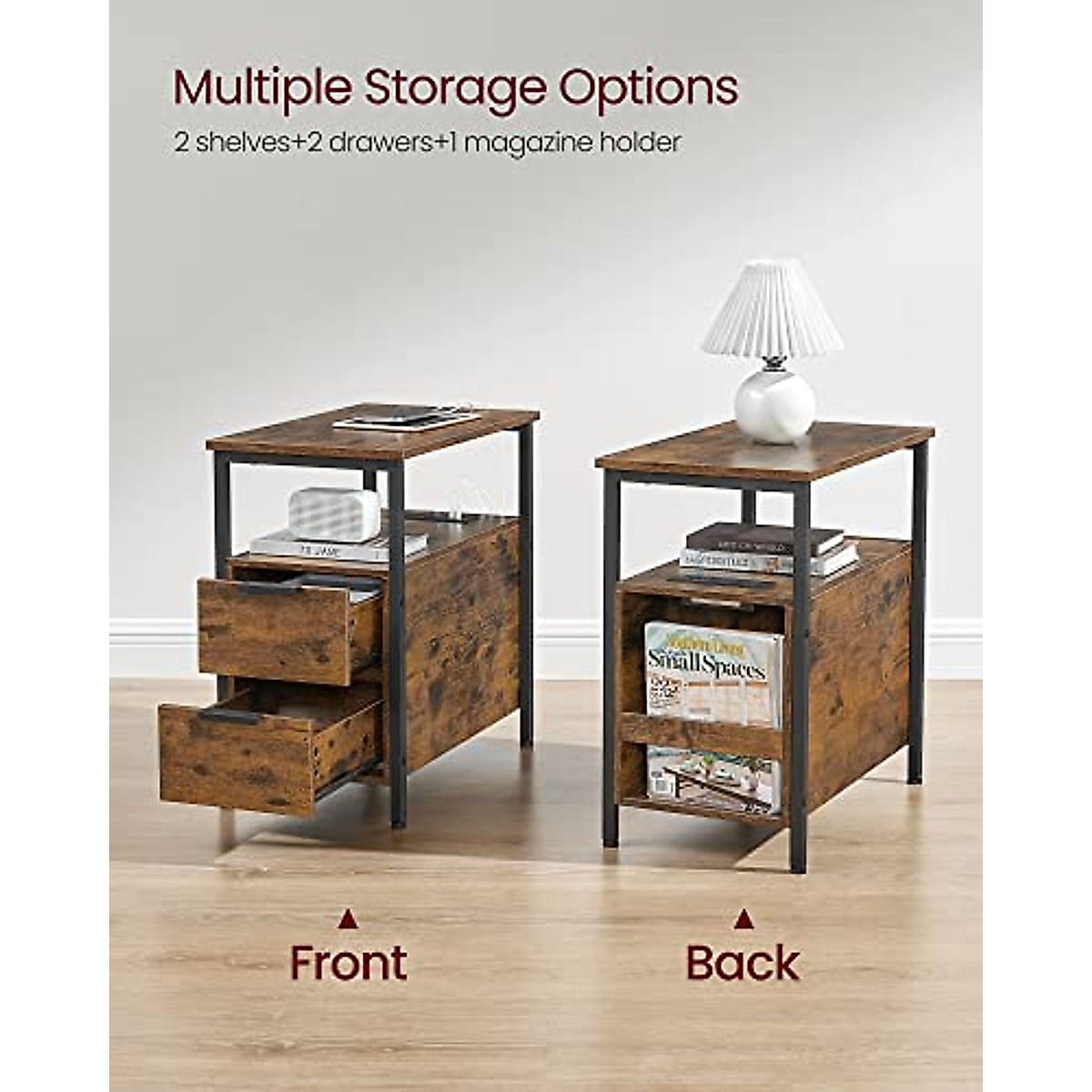 VASAGLE Side Table with Charging Station, Narrow End Table with 2 Drawers, Slim Nightstand and Bedside Table with Storage, for Small Spaces, Rustic Brown and Black ULET321B01