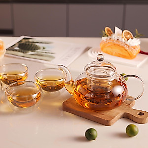 CNGLASS Glass Teapot Set,20oz Clear Tea Pot with 4 Double Wall Teacups,Stovetop Safe Tea Kettle,Blooming Loose Leaf Tea Maker Gift,Microwave Dishwasher Safe